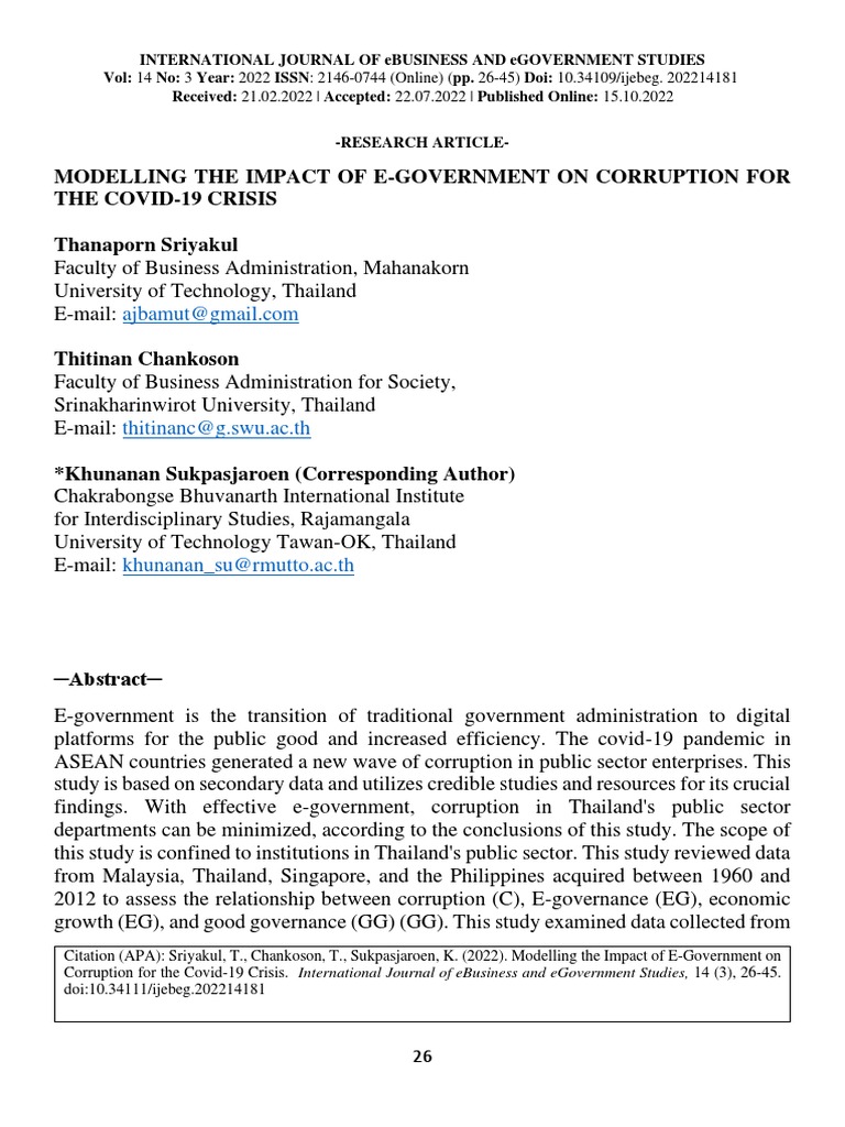Modelling The Impact of E-Government On Corruption For The Covid-19 Crisis Thanaporn Sriyakul ...