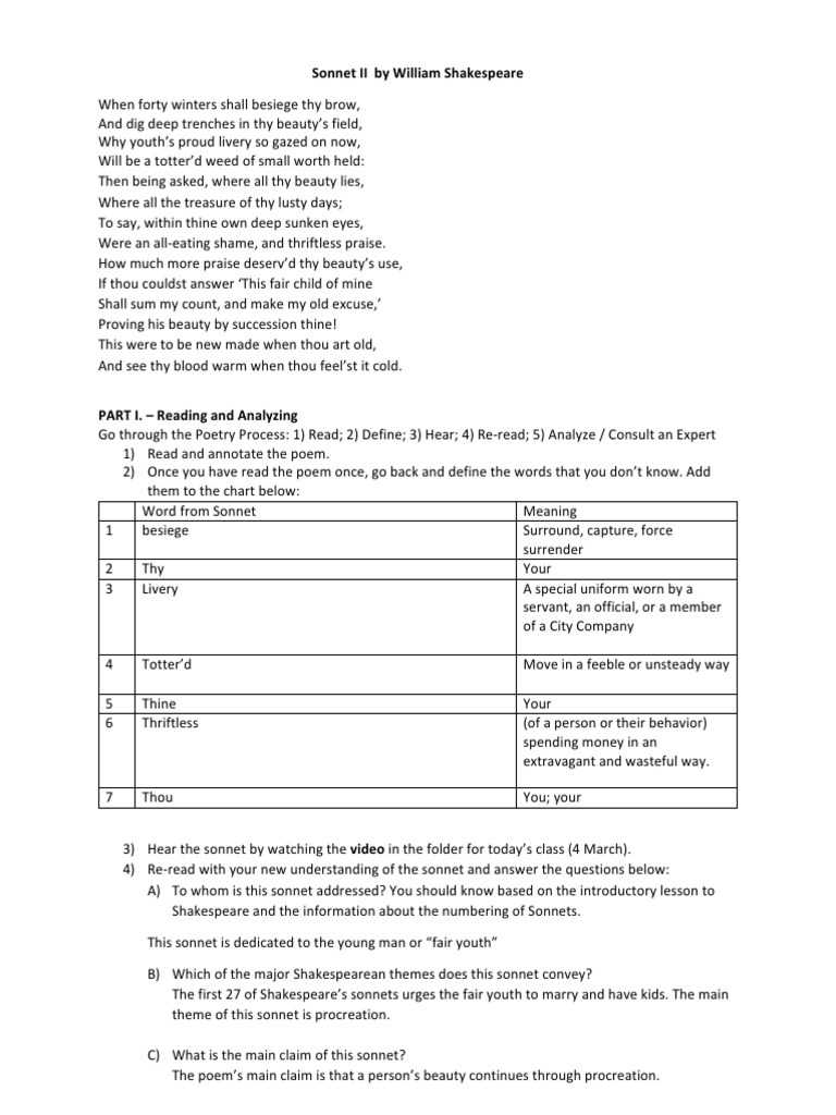 Sonnet II 2 HW Activity | PDF | Shakespeare's Sonnets | British Poetry