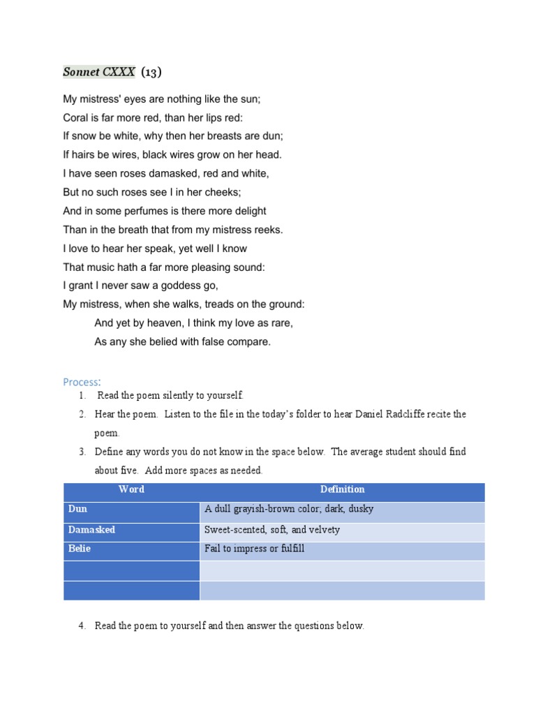 Sonnet CXXX My Mistress Lips | PDF | Poems | British Poems