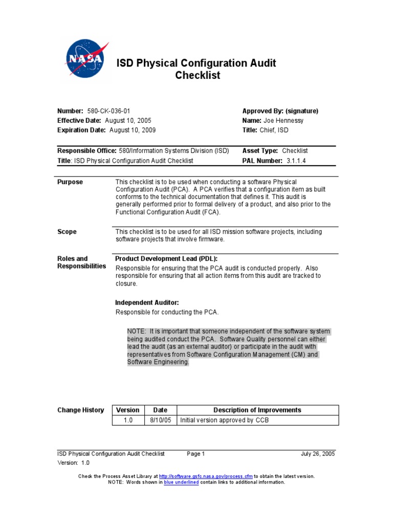 Physical Configuration Audit Checklist | PDF | Audit | Specification (Technical Standard)