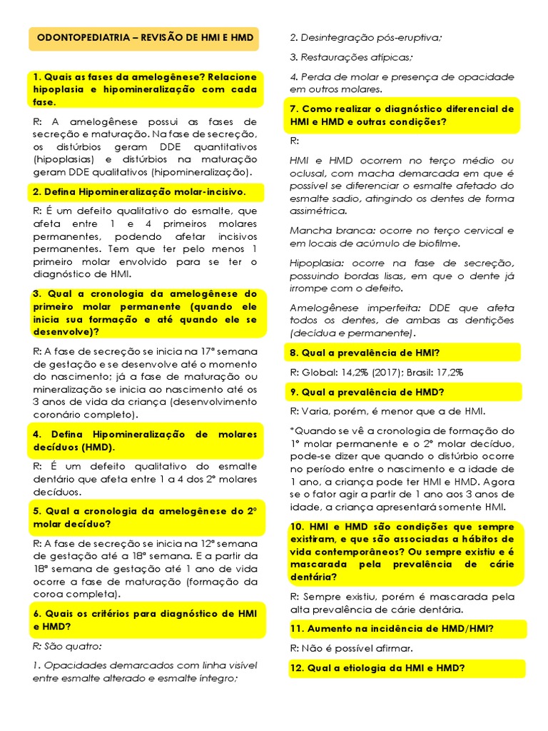 Revisão Hmi-Hmd Odontopediatria | PDF | Esmalte dentário | Dente