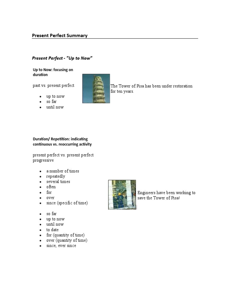Present Perfect Summary For CLASS | PDF | Perfect (Grammar) | Verb