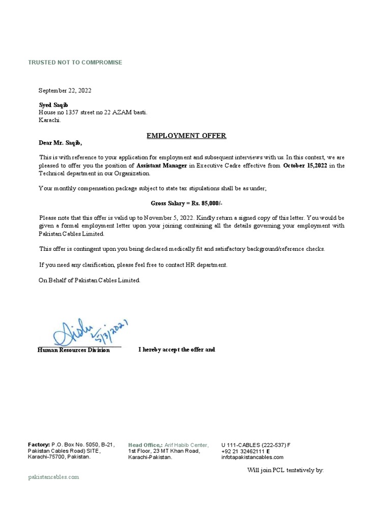 Offer Letter - Ahmed Hussain | PDF