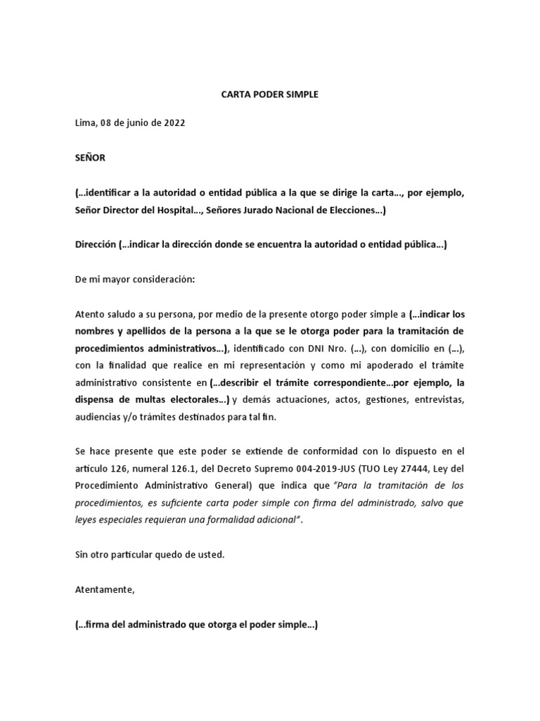 Modelo 1 de Carta Poder Simple | PDF