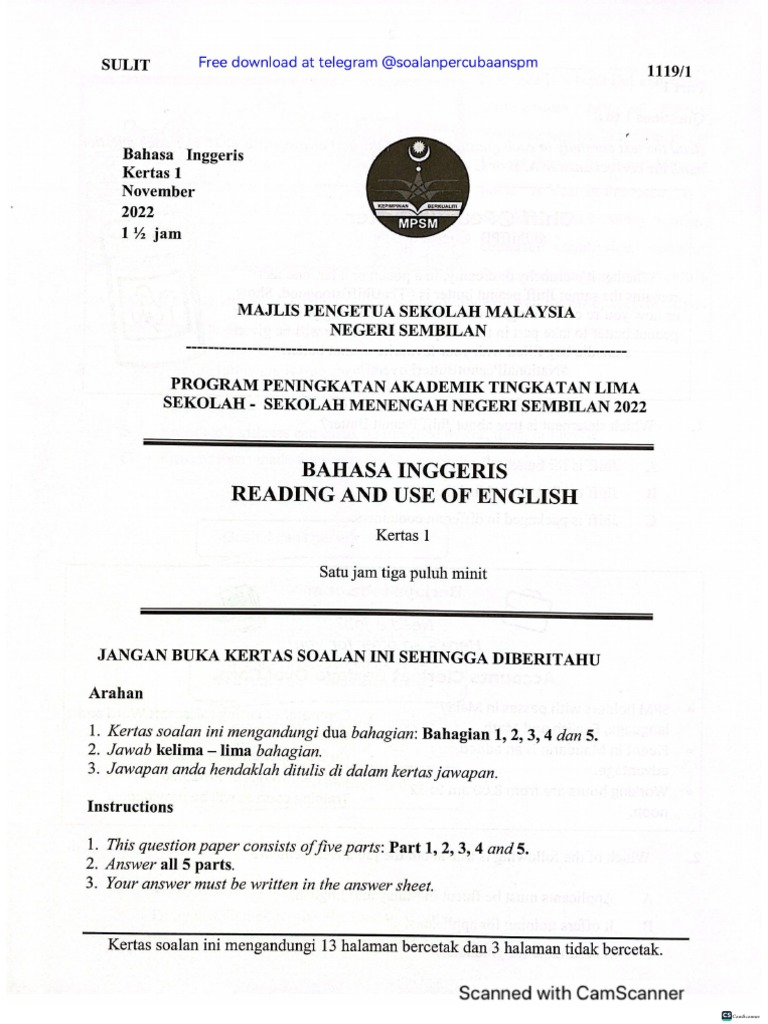 Bahasa Inggeris K1 Negeri Sembilan 2022 | PDF