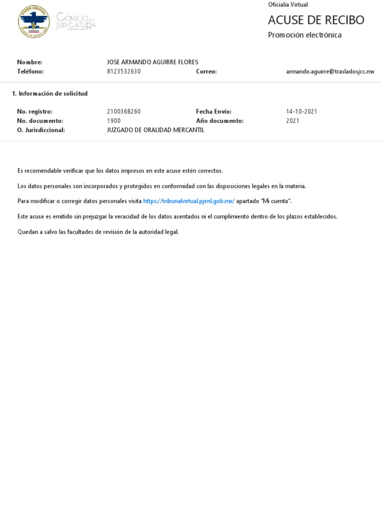 Acuse de Escrito de Emplazmiento Nuevo (Nuevo Domicilio Compartido Por ...