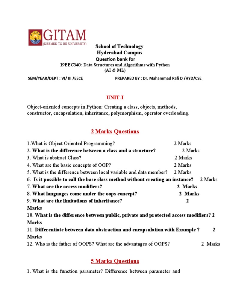 OOPS concepts and data structures questions bank | PDF | Method (Computer Programming) | Object ...