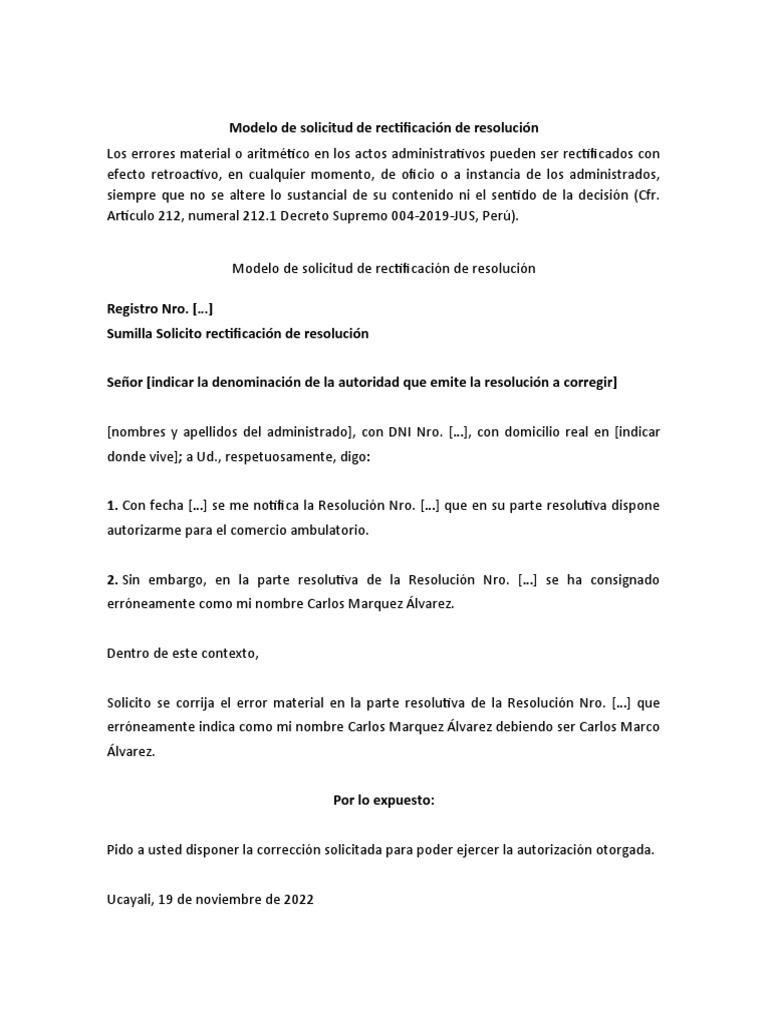 Modelo de Solicitud de Rectificación de Resolución | PDF