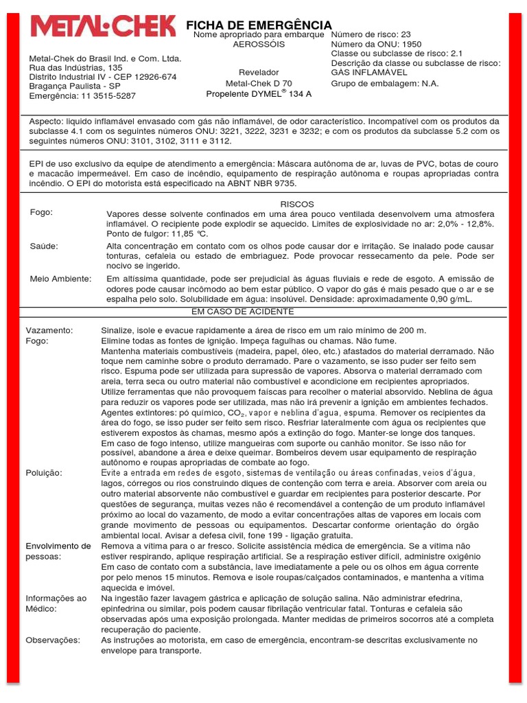 FICHA DE EMERGENCIA Metal-Chek D 70 E | PDF | Incêndios | Química