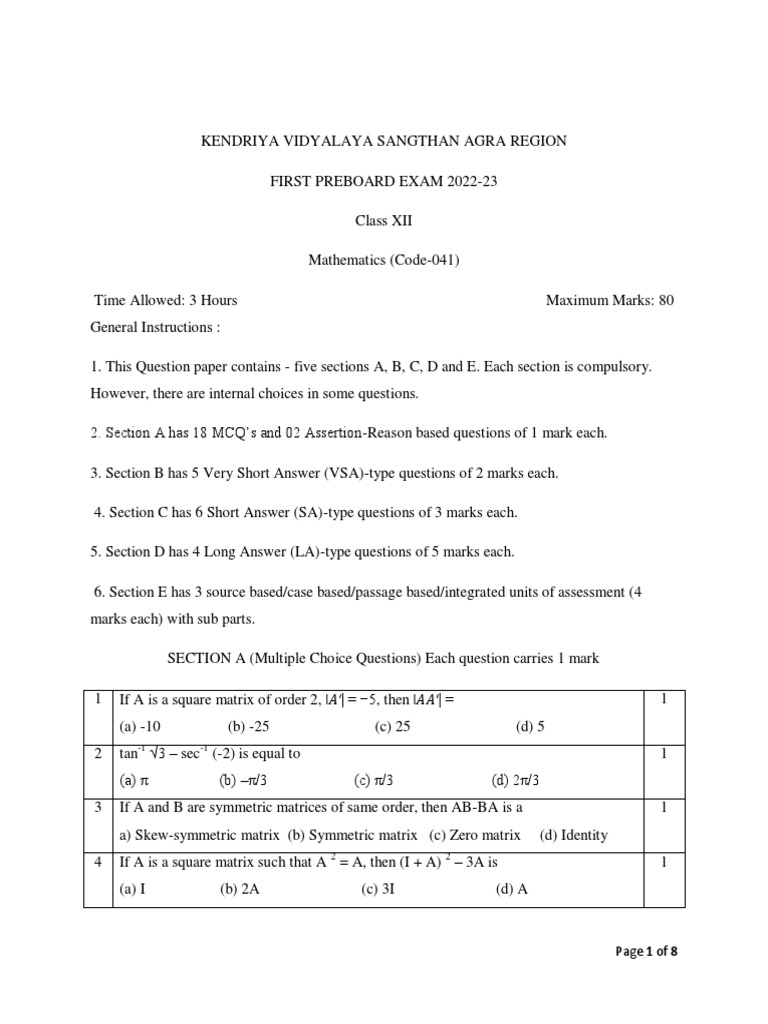 Preboard Question Paper Maths | PDF | Equations | Matrix (Mathematics)