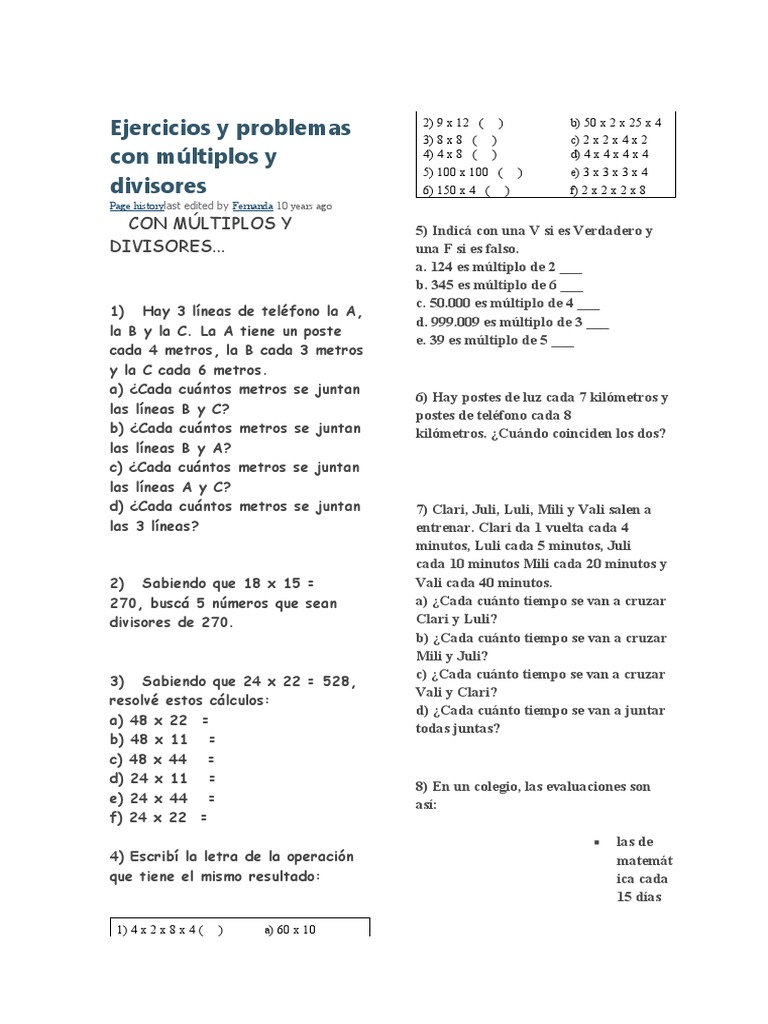 Ejercicios y problemas con múltiplos y divisores | PDF