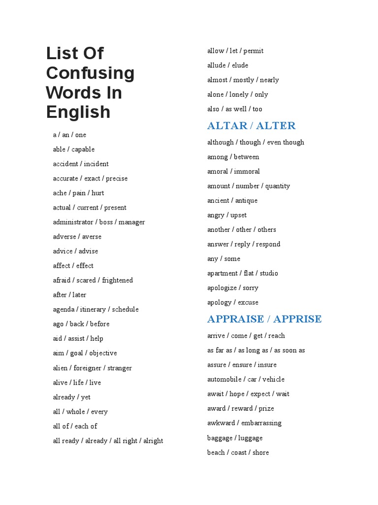 List of Confusing Words in English | PDF