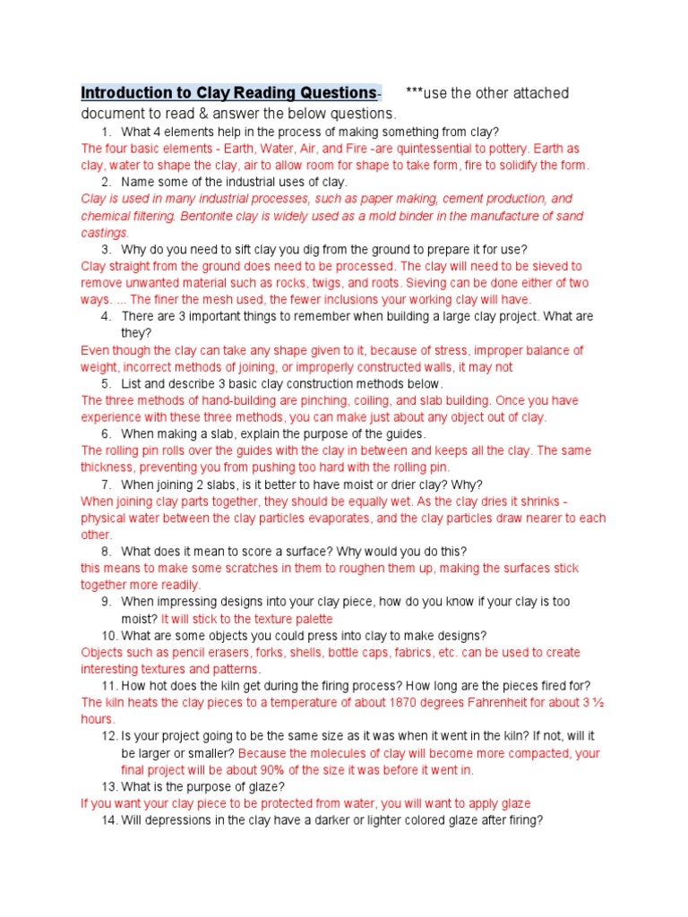 Kylee Pauling - Intro To Clay - Reading Questions f2021 | PDF | Clay ...