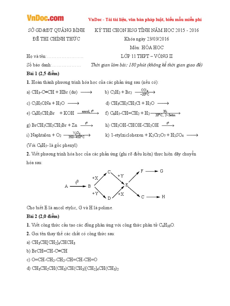 De Thi HSG Mon Hoa Hoc Lop 11 Tinh Quang Binh Nam Hoc 2015 2016 Vong 2 | PDF