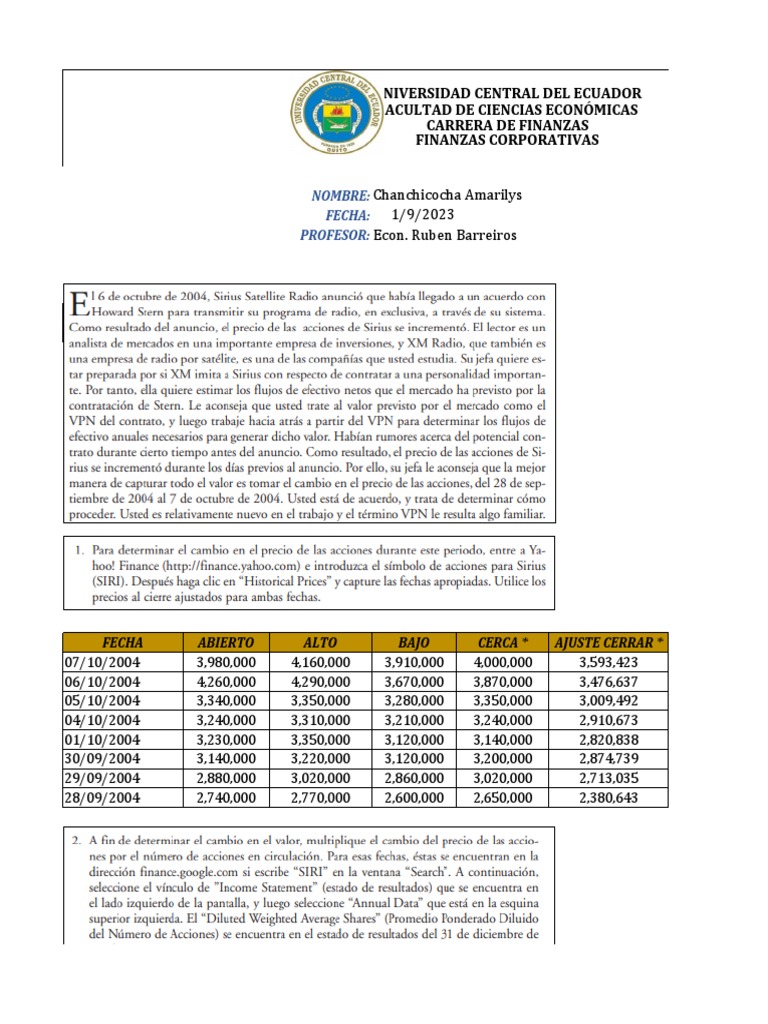 CASO DE ESTUDIO - Sirius Satellite Radio - Cap 6 - Berk - DeMarzo | PDF