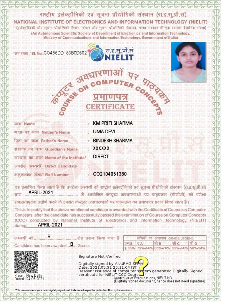 NIELIT CCC Certificate Issuance Details | PDF