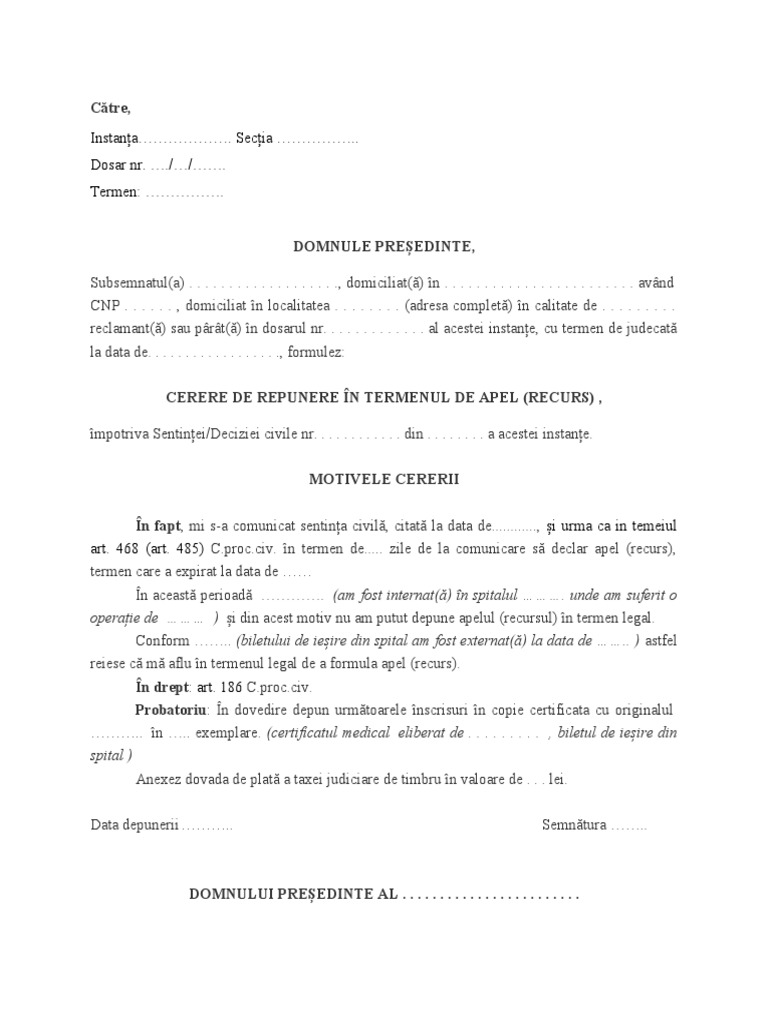 Cerere de Repunere in Termenul de Apel-Recurs (Model) | PDF
