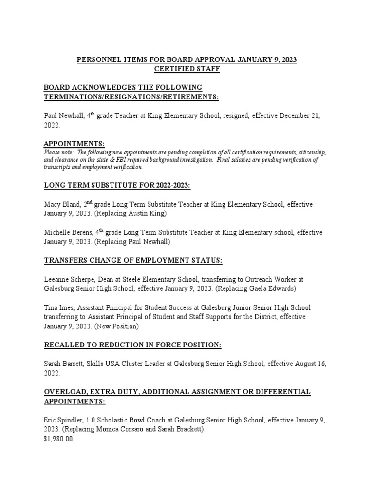 District 205 January 2023 Personnel Agenda | PDF | Teachers ...