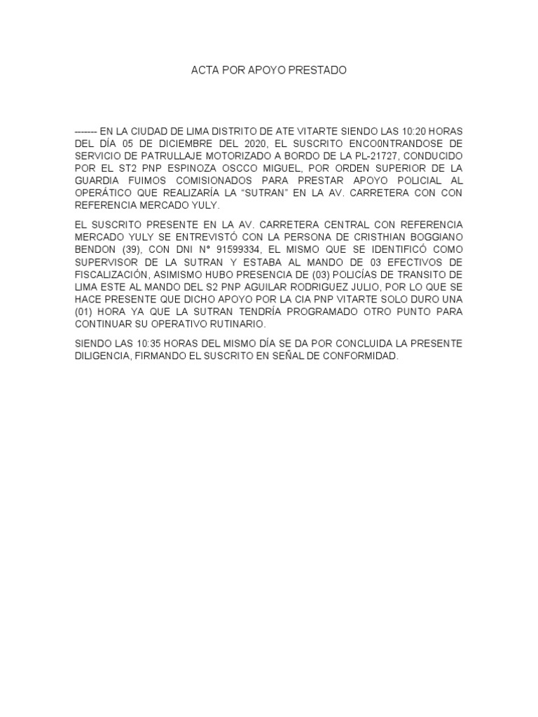 Acta Por Apoyo Prestado Yar Juanito | PDF