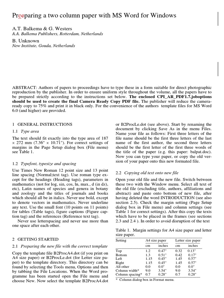 PR Paring A Two Column Paper With MS Word For Windows: A.T. Balkema & G ...