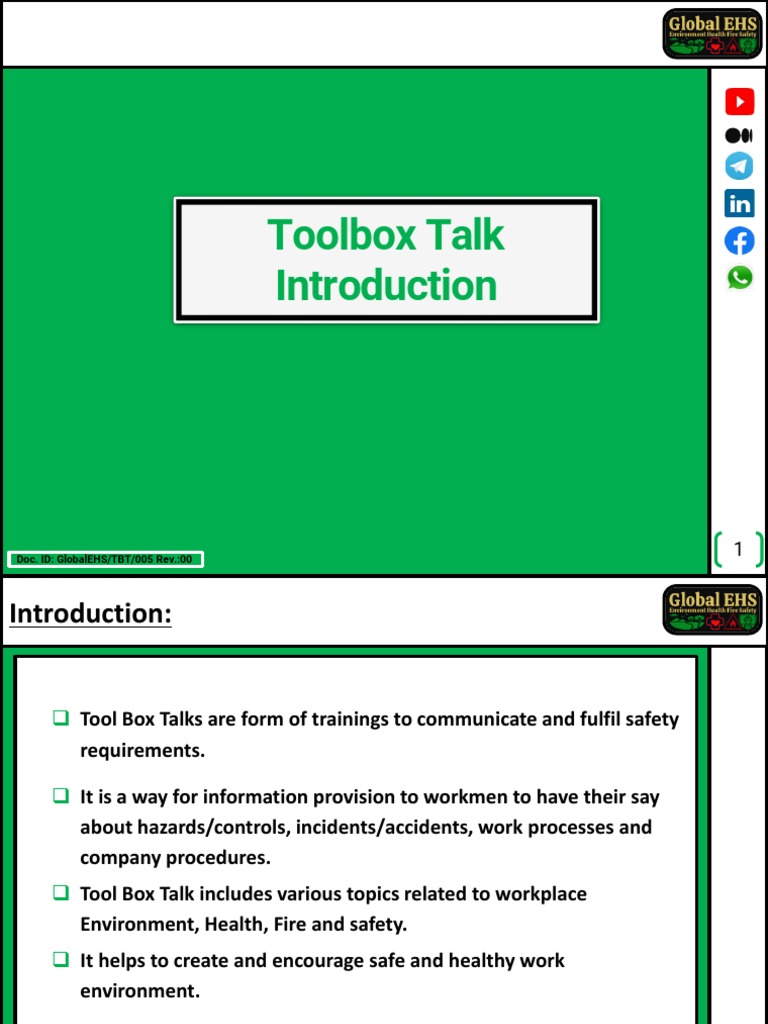 Introduction of Tool Box Talk Rev 01 Global EHS TBT 001 | Download Free PDF | Safety ...