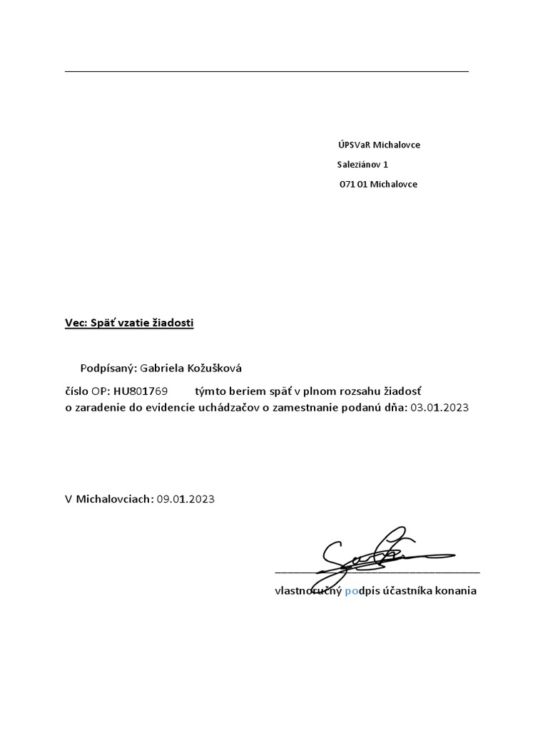 Spatvzatie Ziadosti Urad Prace | PDF