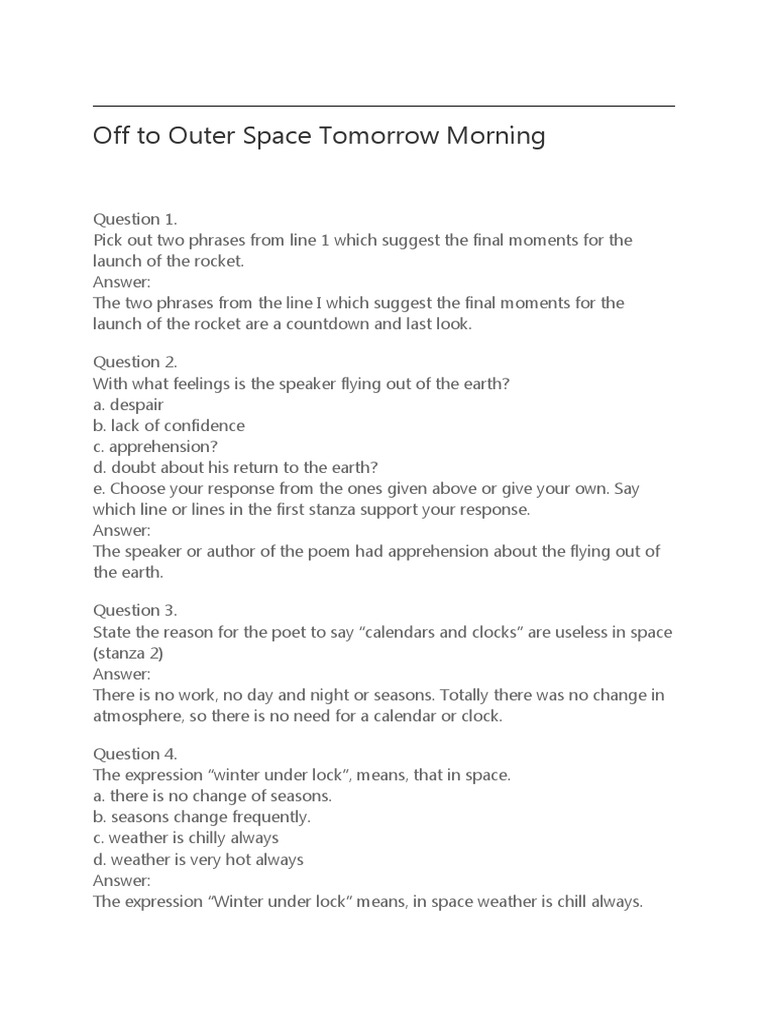 Off to Outer Space Tomorrow Morning | PDF | Poetry | Outer Space