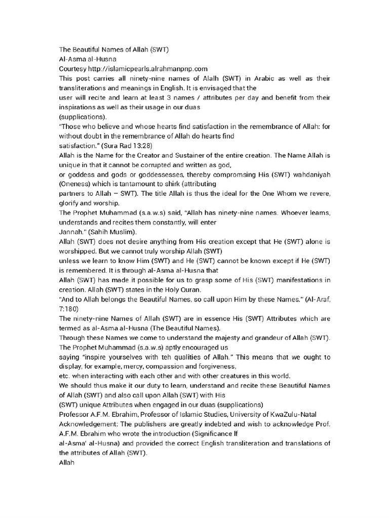 Asma Ul Husna The Beautiful Names of Allah | PDF