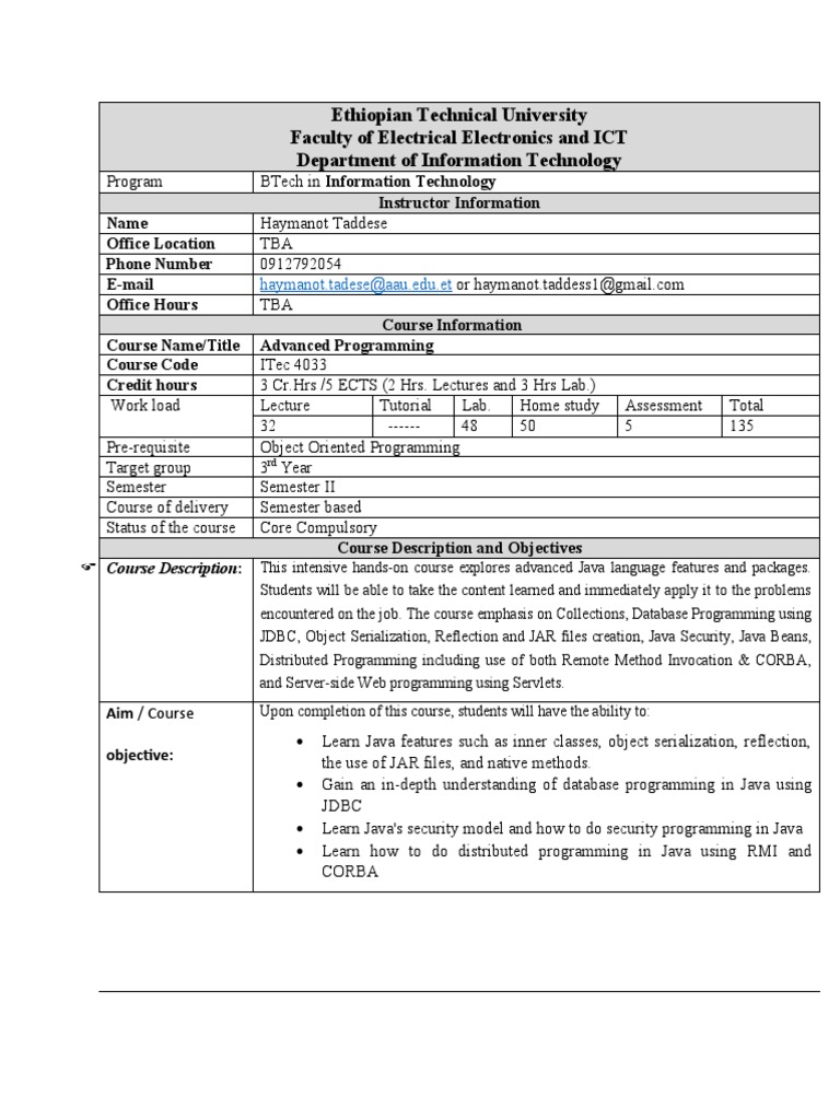 Advanced Programing Course Outline Pdf Java Programming Language Computer Programming 