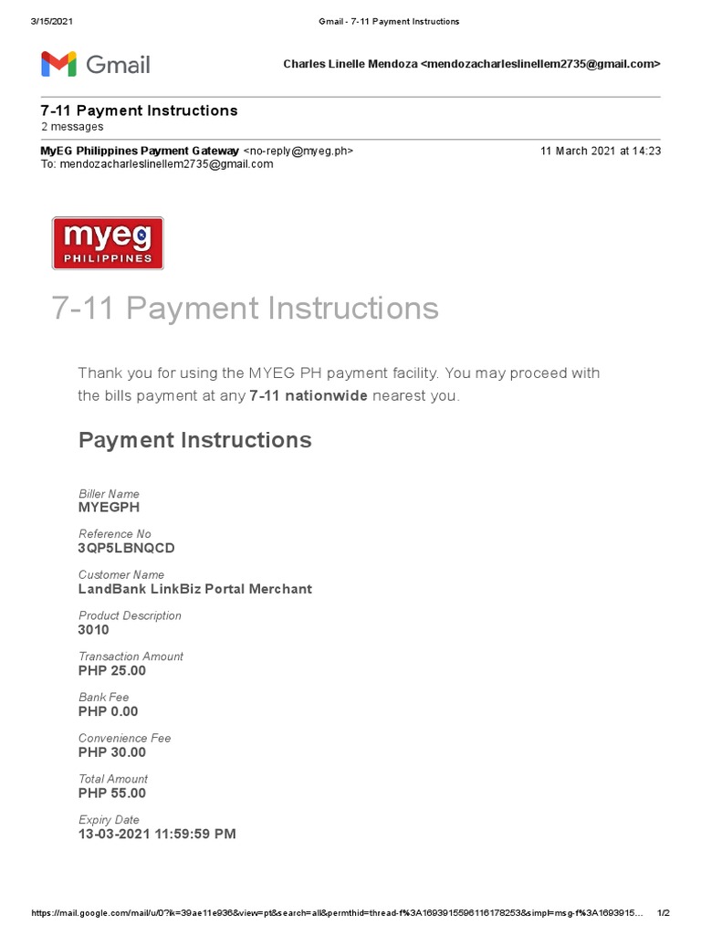 Gmail - 7-11 Payment Instructions | PDF | Payments | Business