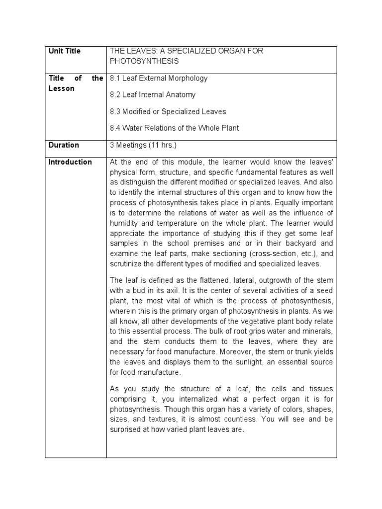 Module On Leaves | PDF | Leaf | Stoma