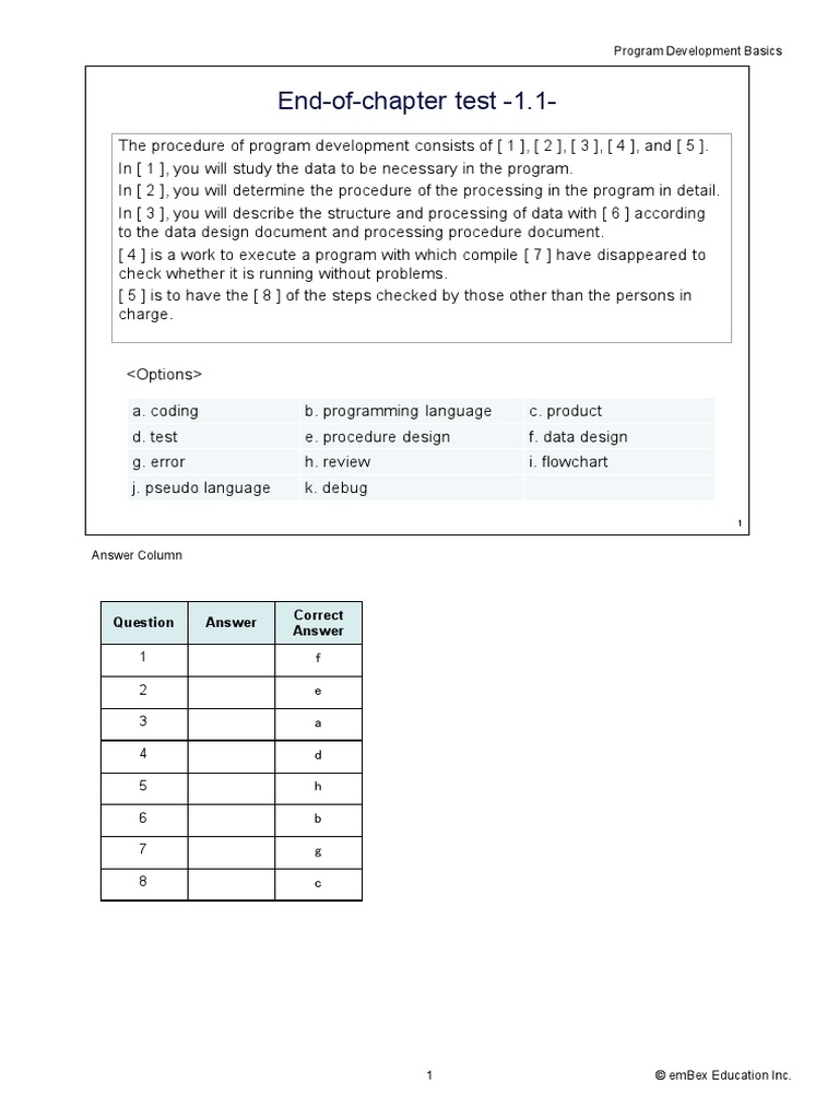 2 Basics Of Program Development The End Of Chapter Test Model Answer Pdf Subroutine 