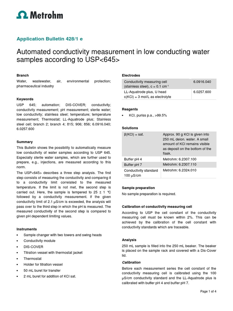Determinación de Conductividad en Aguas Según USP 645 | PDF | Ph | Calibration