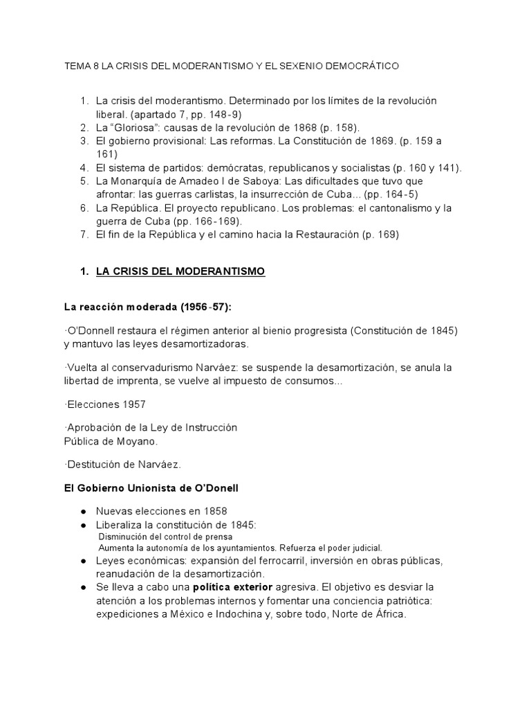 Tema 8 La Crisis Del Moderantismo y El Sexenio Democrático | PDF | Gobierno de españa | Teorías ...