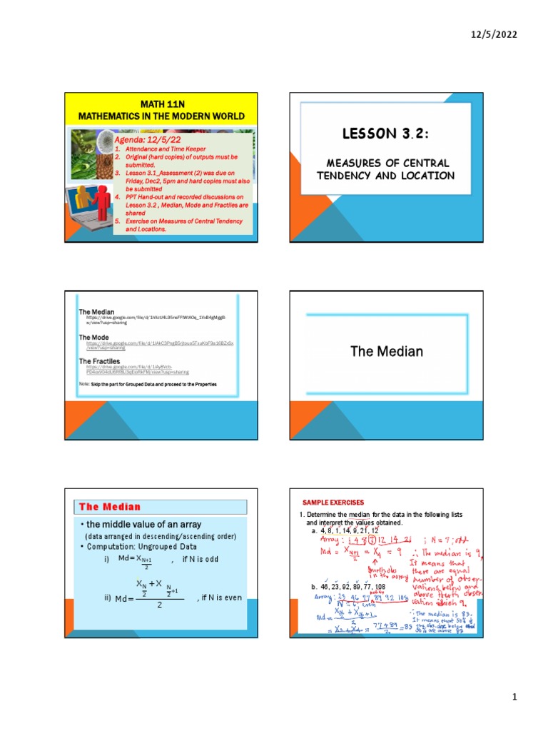 Math 11N: Central Tendency & Location | PDF | Mode (Statistics) | Quantile