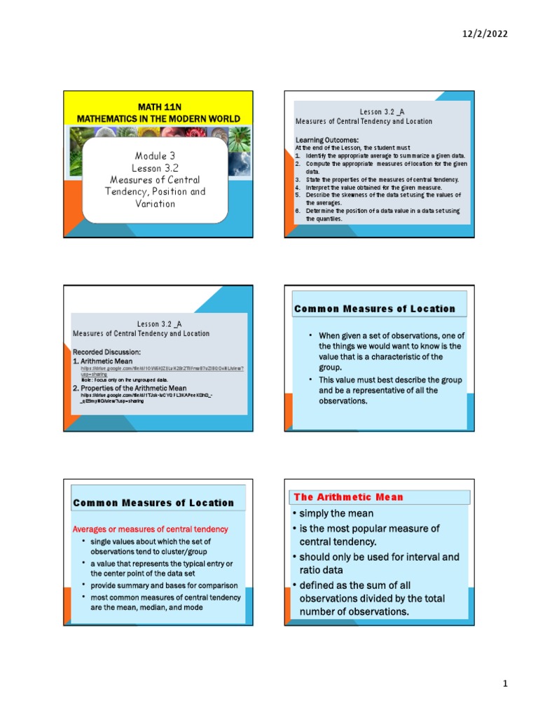 M11n - Lesson 3.2 - PPT - Handout - Arithmetic Mean - 1sem22-23 | PDF | Mean | Weighted ...