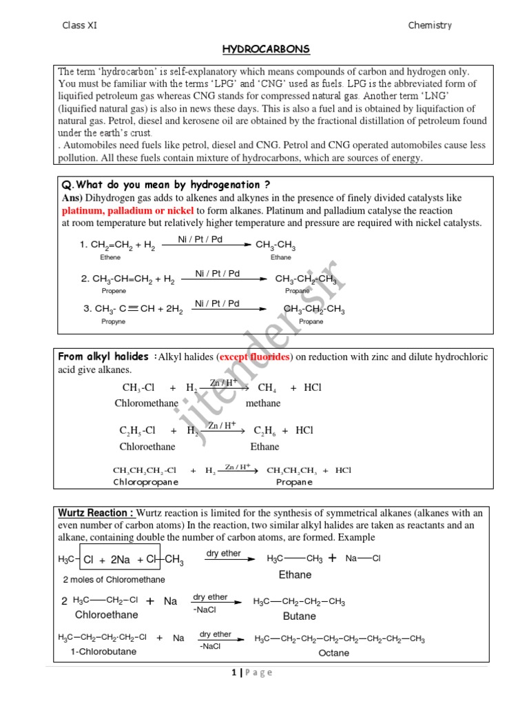 Class XI Chemistry - Hydrocarbons | PDF | Alkane | Benzene