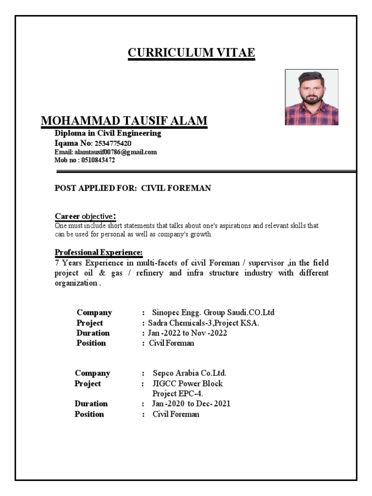 T Civil Foreman New | PDF | Supply Chain | Saudi Arabia