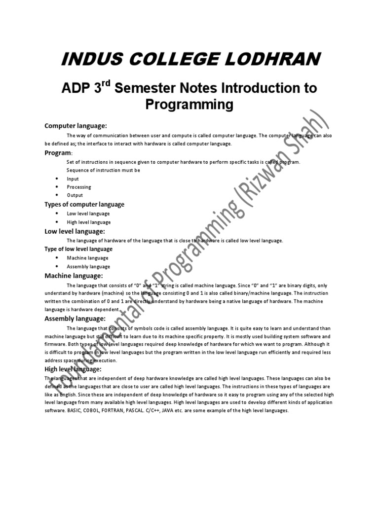 ADP 3rd Semester Notes Programming Fundamental Topic Introduction To ...