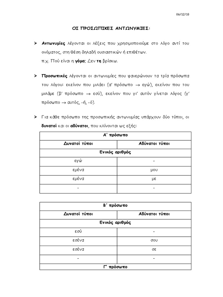 Προσωπικές αντωνυμίες (θεωρία) | PDF