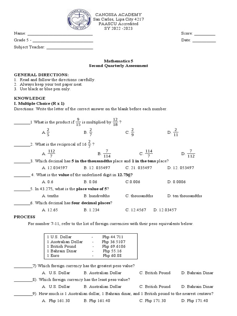 Grade 5 Second Quarterly Test | PDF | Dollar | Australian Dollar