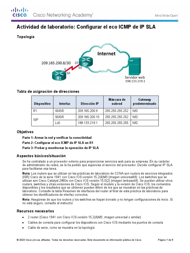 8.2.1.5 Lab - Configure IP SLA ICMP Echo | PDF | Enrutador (Computación) | Dirección IP