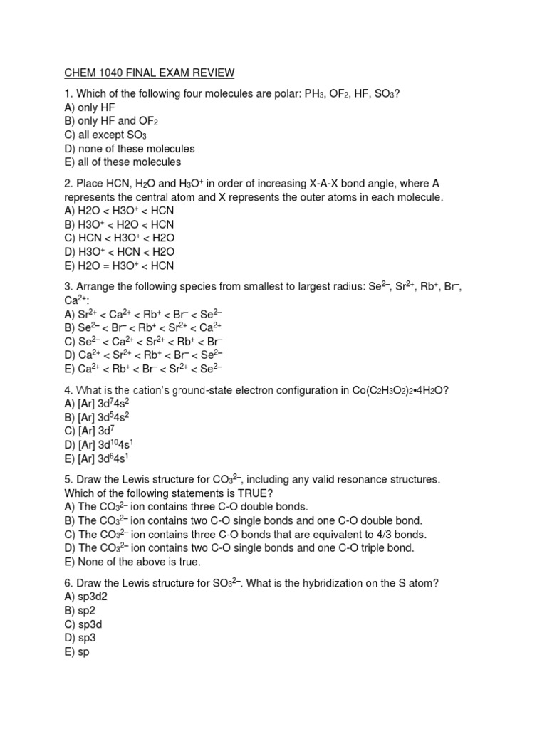 Chem 1040 Final Exam Review Guide | PDF | Polymers | Ph