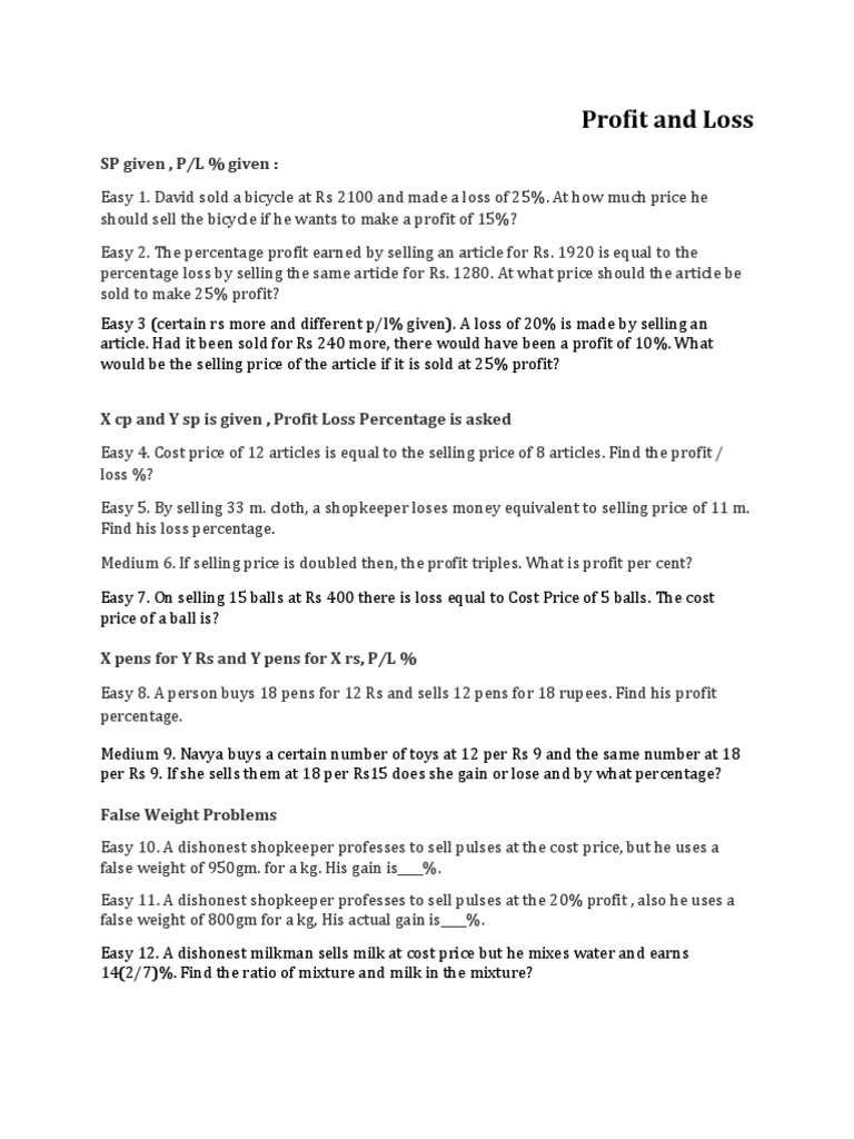 Profit and Loss - All Types of Problems | PDF | Profit (Economics) | Prices