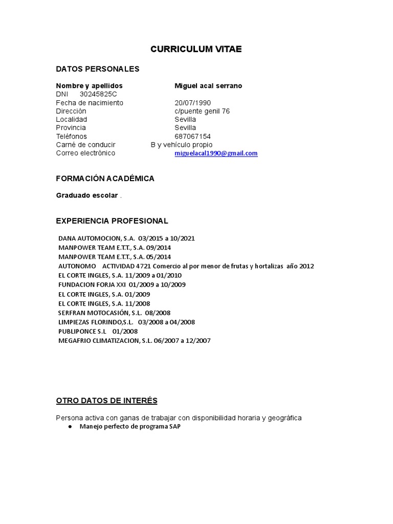 Curriculum Vitae: Datos Personales | PDF