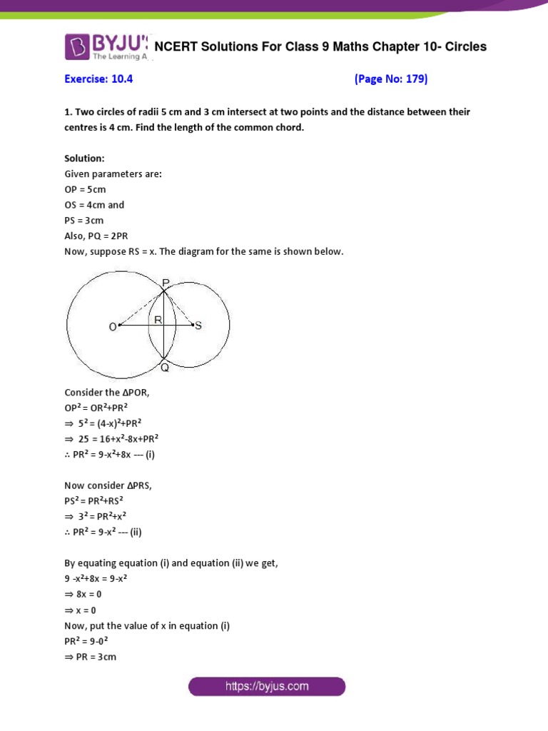 NCERT Solutions For Class 9 Maths Chapter 10-Circles: Exercise: 10.4 (Page No: 179) | PDF ...