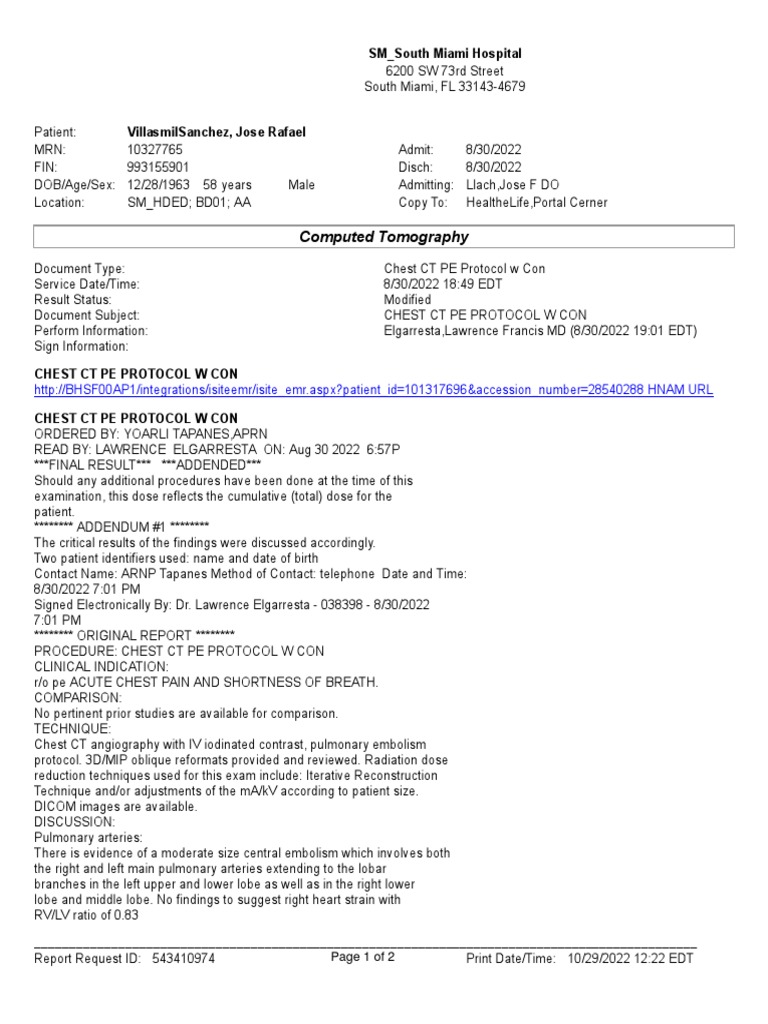 Chest CT PE Protocol W Con 08-30-2022 | PDF | Ct Scan | Lung