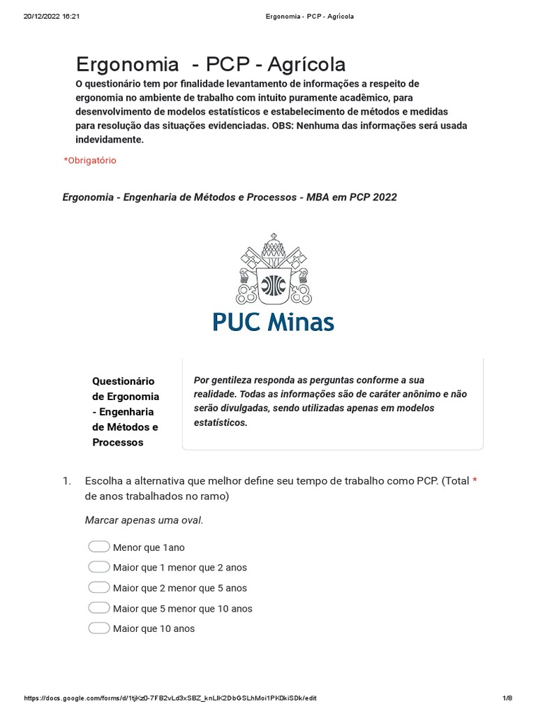 Ergonomia - PCP - Formulário | PDF