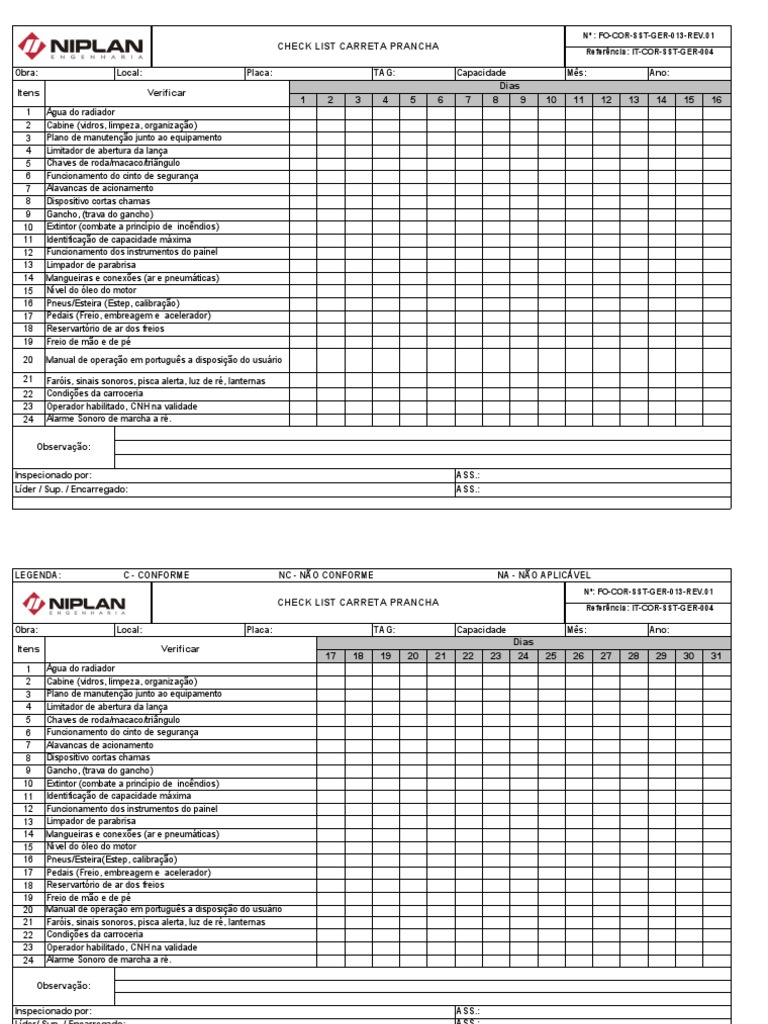 Fo-Cor-Sst-Ger-013 - Rev01 - Check List Carreta Prancha | PDF | Veículos