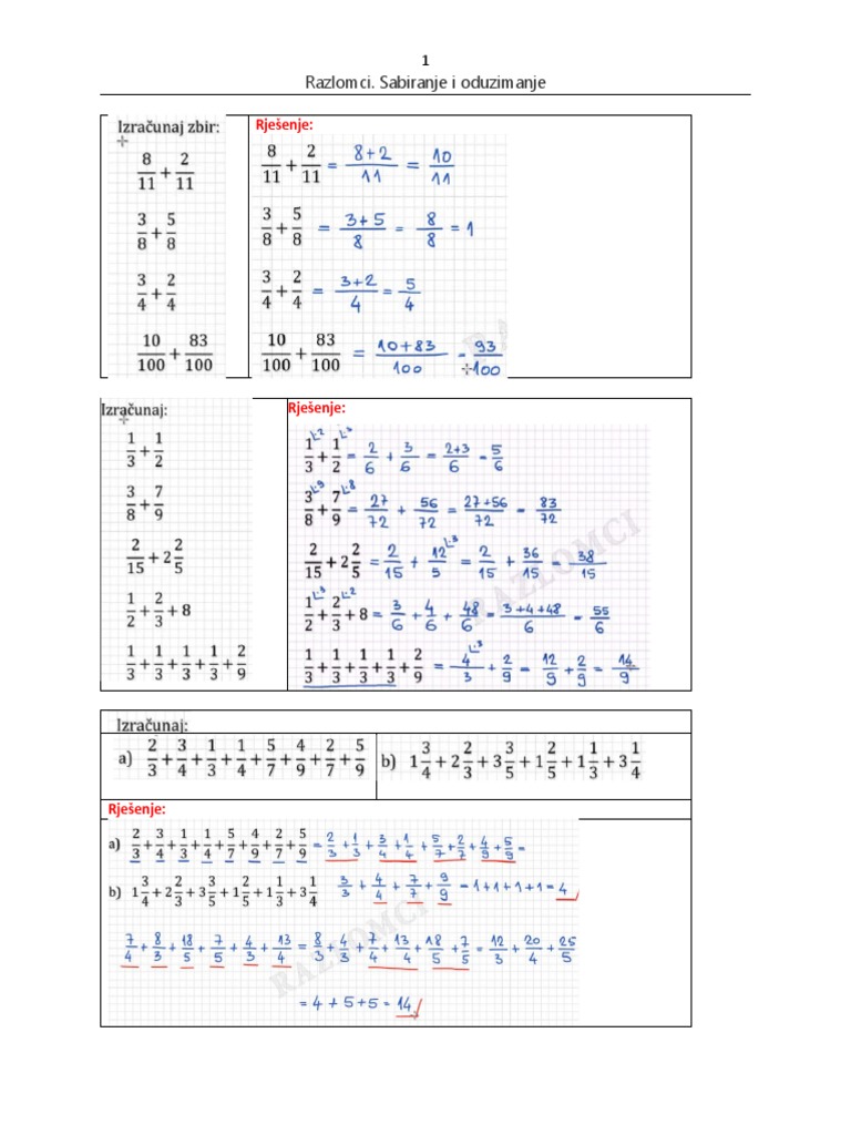 7 Razlomci SABIRANJE I ODUZIMANJE | PDF